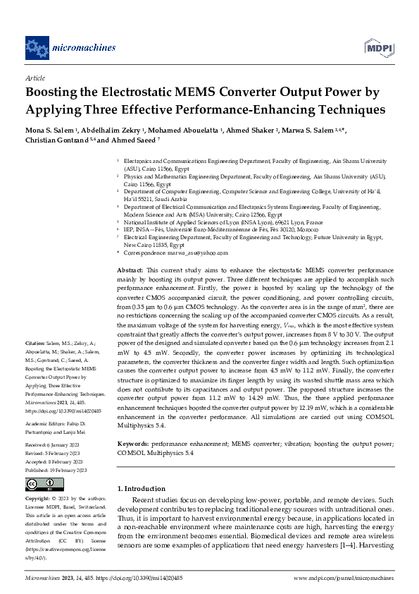 (PDF) Boosting the Electrostatic MEMS Converter Output Power by Applying Three Effective ...