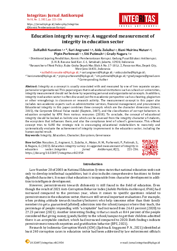 (PDF) Education integrity survey: A suggested measurement of integrity ...