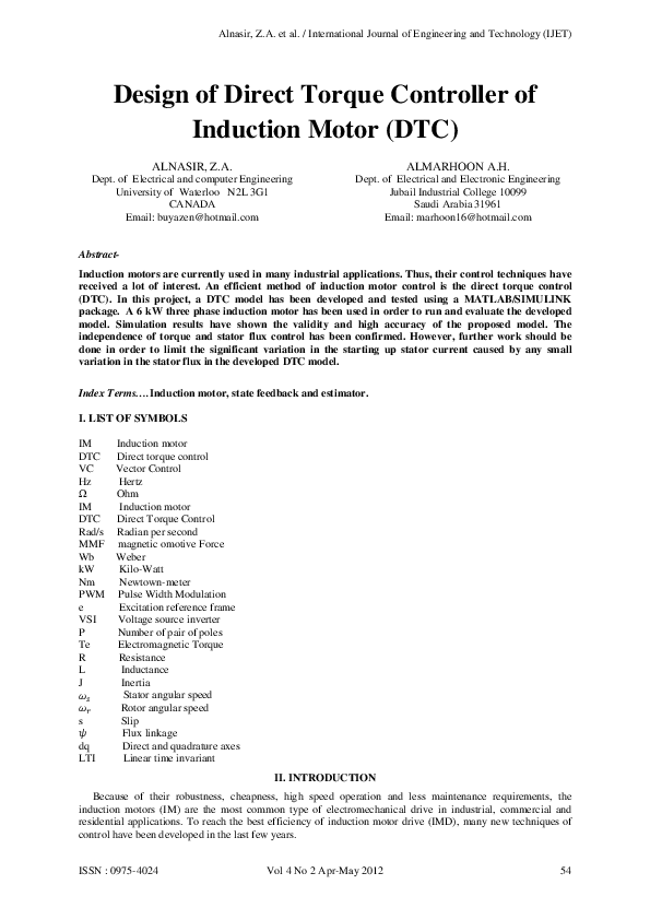 (PDF) Design of Direct Torque Controller of Induction Motor (DTC