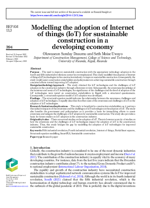 (PDF) Modelling the adoption of Internet of things (IoT) for sustainable construction in a ...