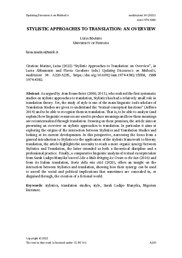 (PDF) STYLISTIC APPROACHES TO TRANSLATION: AN OVERVIEW