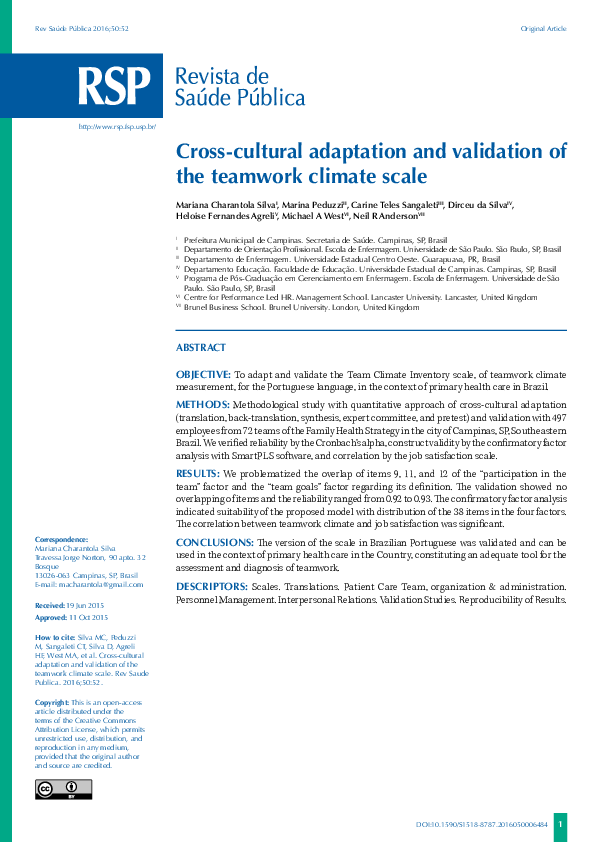 (PDF) Cross-cultural adaptation and validation of the teamwork climate scale