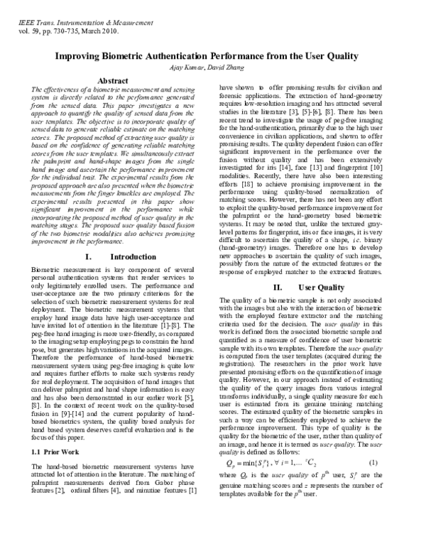 Pdf Improving Biometric Authentication Performance From The User Quality