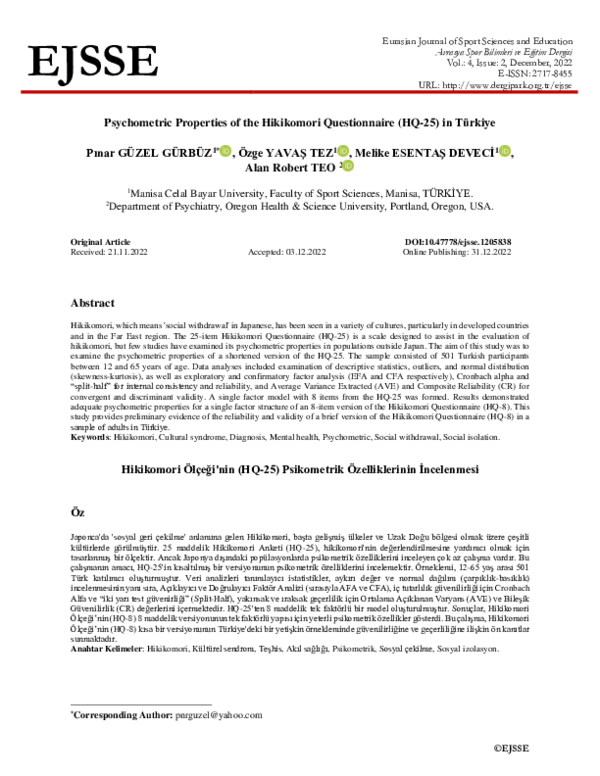 (PDF) Psychometric Properties of the Hikikomori Questionnaire (HQ-25 ...