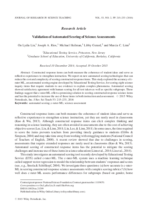 (PDF) Validation of automated scoring of science assessments
