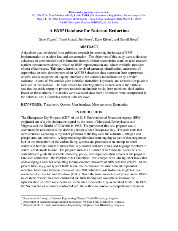 (PDF) A BMP Database for Nutrient Reduction