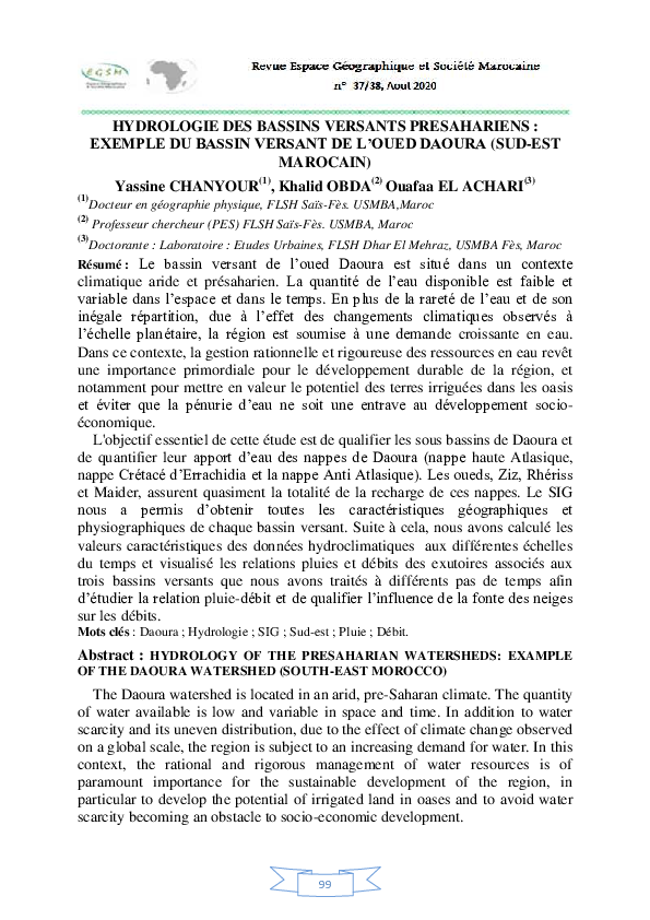 (PDF) Hydrologie Des Bassins Versants Presahariens : Exemple Du Bassin Versant De L'Oued Daoura ...