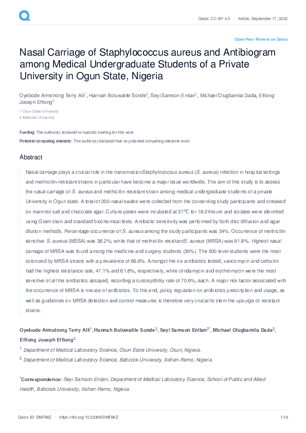 (PDF) Nasal Carriage of Staphylococcus aureus and Antibiogram among Medical Undergraduate ...