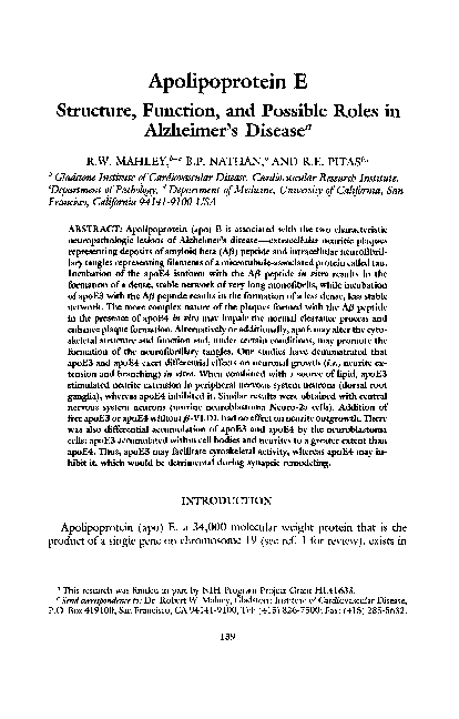 (PDF) Apolipoprotein E. Structure, Function, and Possible Roles in Alzheimer's Diseasea | R ...