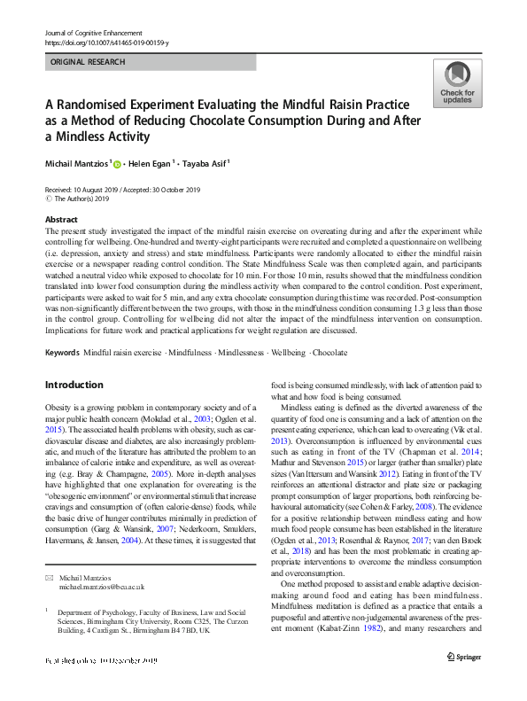 (PDF) A Randomised Experiment Evaluating the Mindful Raisin Practice as ...
