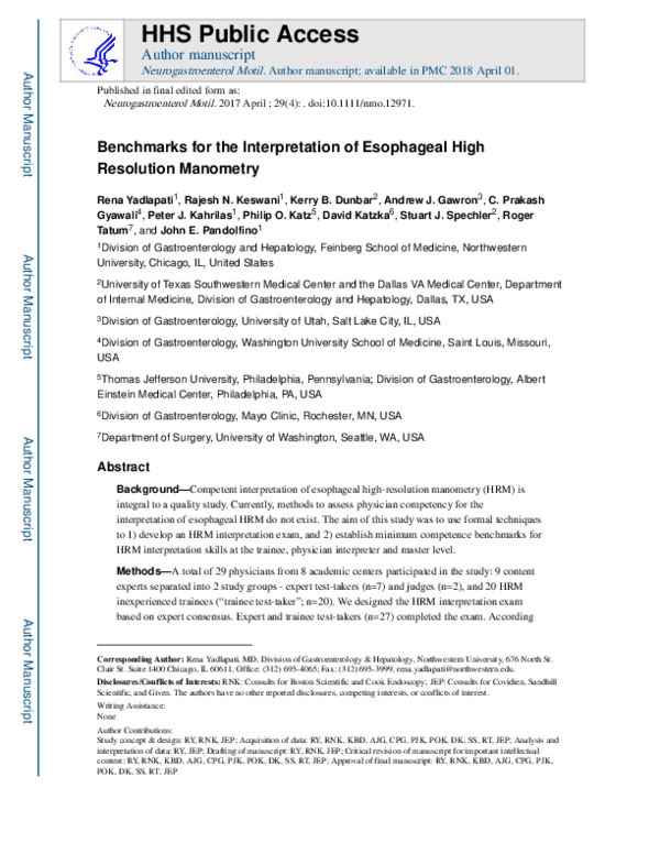 (PDF) Benchmarks for the interpretation of esophageal high-resolution ...