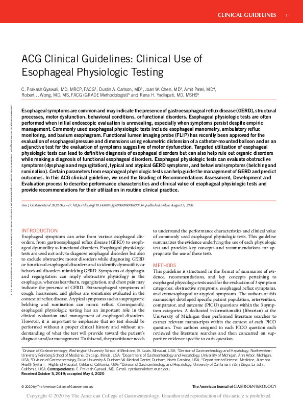 (PDF) ACG Clinical Guidelines: Clinical Use of Esophageal Physiologic ...
