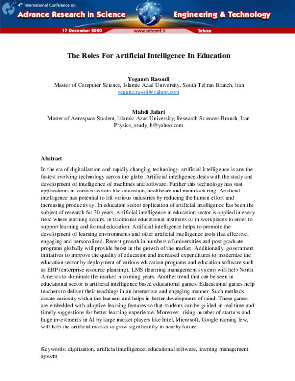 (PDF) The Roles For Artificial Intelligence In Education