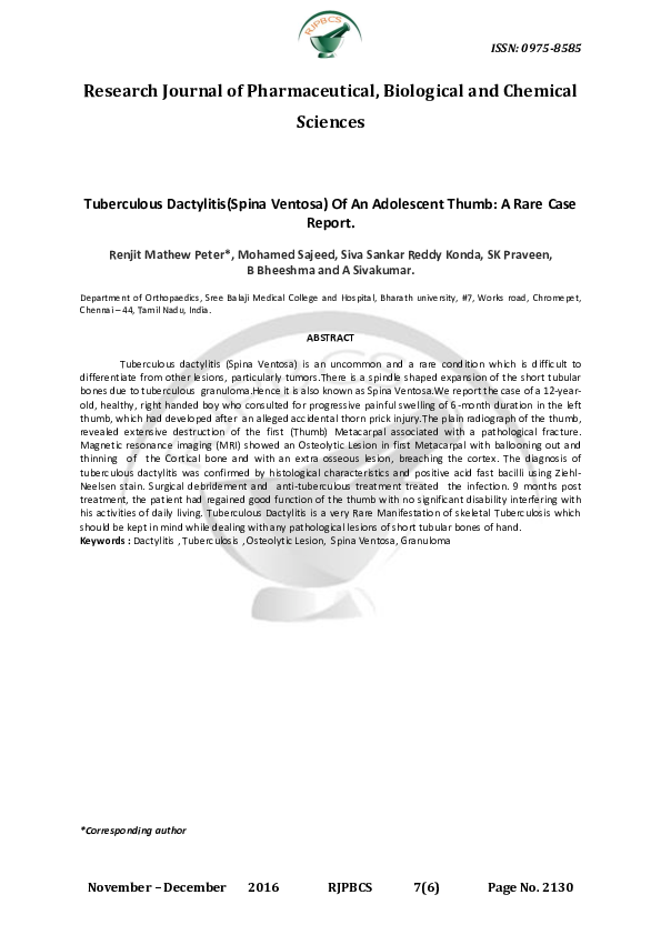 (PDF) Tuberculous Dactylitis ( Spina Ventosa ) Of An Adolescent Thumb ...