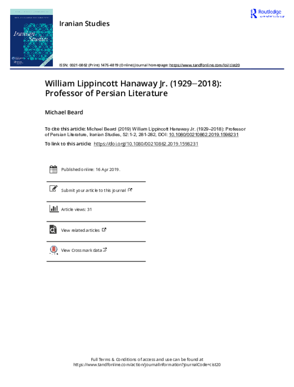 (PDF) William Lippincott Hanaway Jr. (1929‒2018): Professor of Persian ...