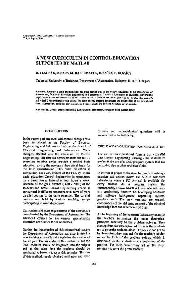 (PDF) A New Curriculum in Control Education Supported by Matlab