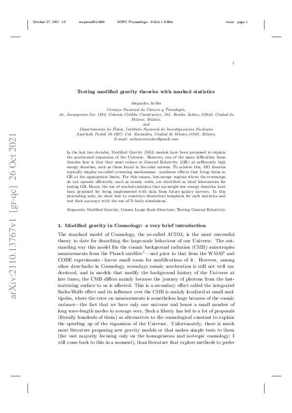 (PDF) Testing modified gravity theories with marked statistics