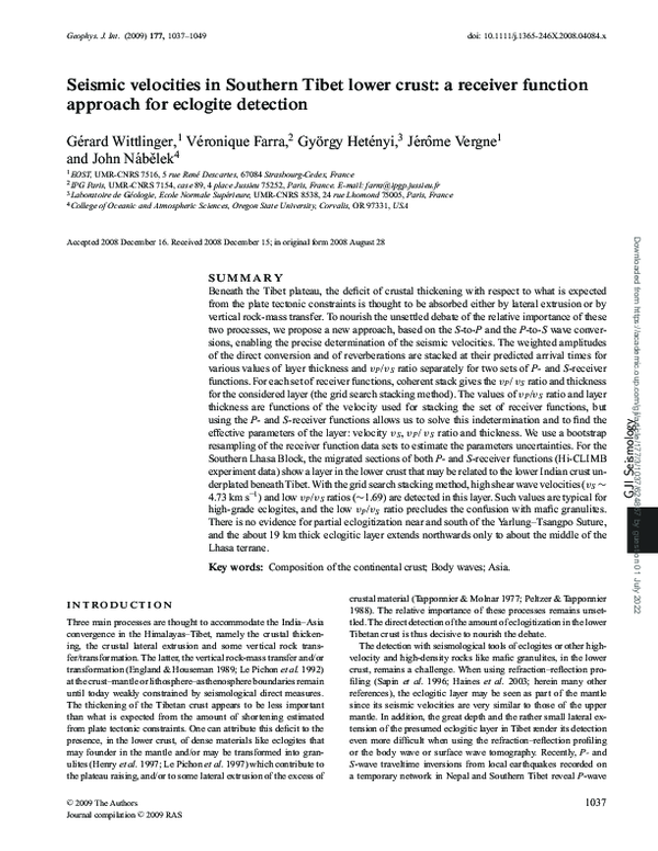 (PDF) Seismic velocities in Southern Tibet lower crust: a receiver ...