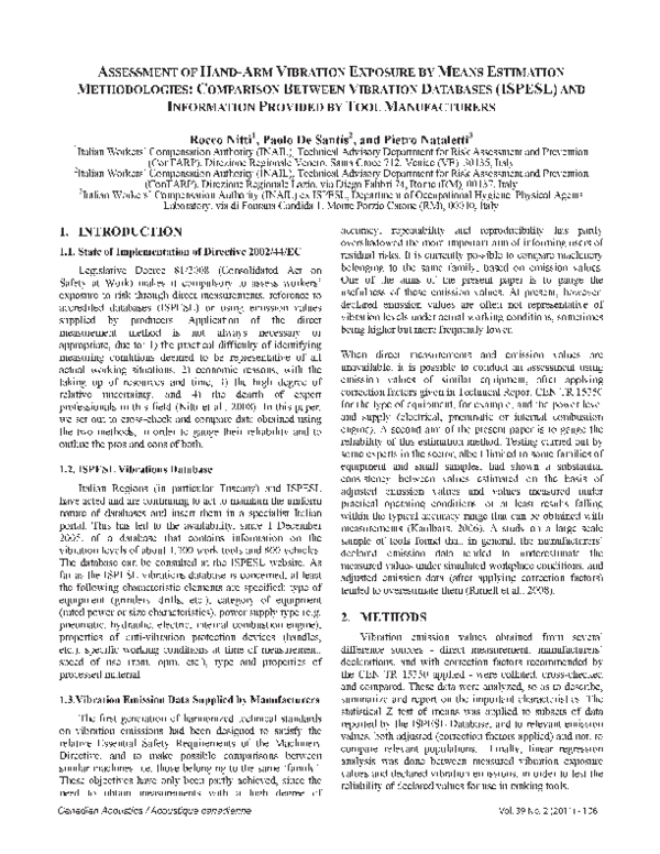(PDF) Assessment of hand-arm vibration exposure by means estimation methodologies: Comparison ...
