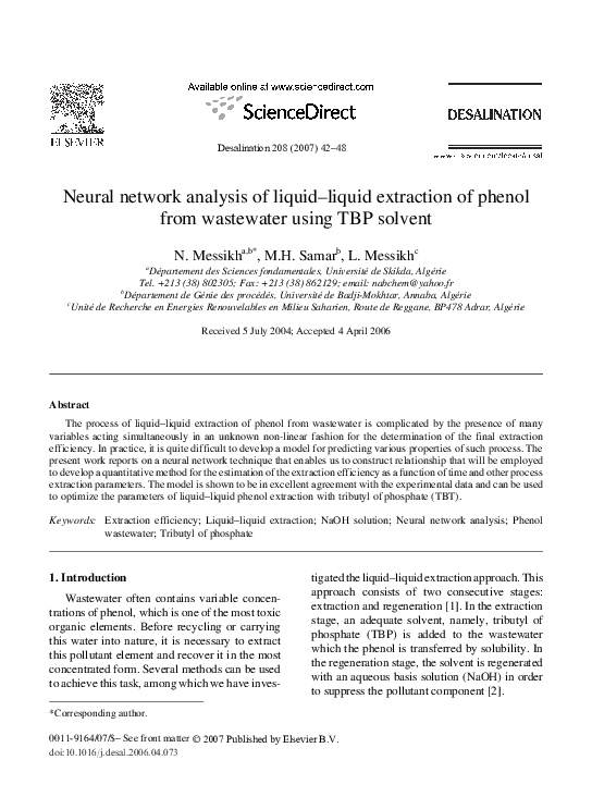 (PDF) Neural network analysis of liquid–liquid extraction of phenol from wastewater using TBP ...