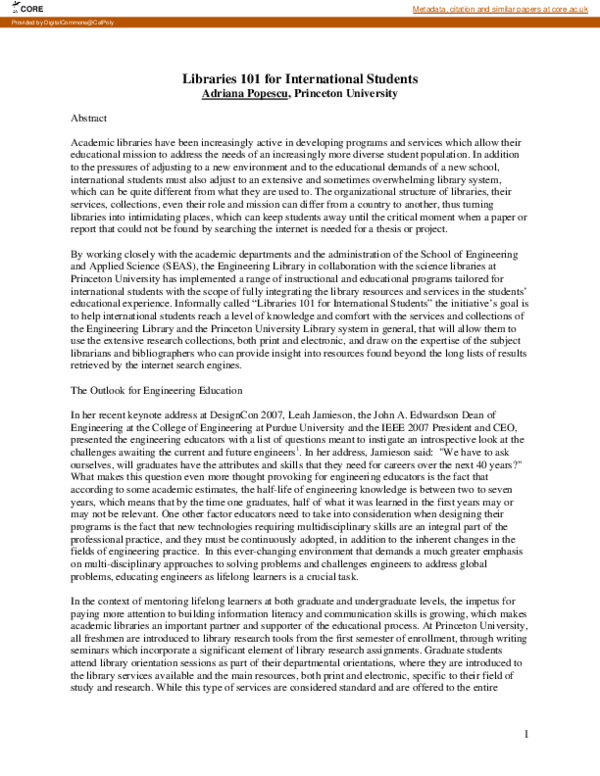 (PDF) Libraries 101 for International Students