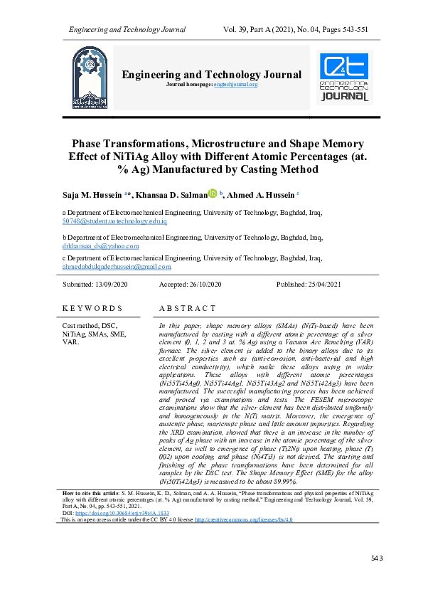 (PDF) Phase Transformations, Microstructure and Shape Memory Effect of NiTiAg Alloy with ...