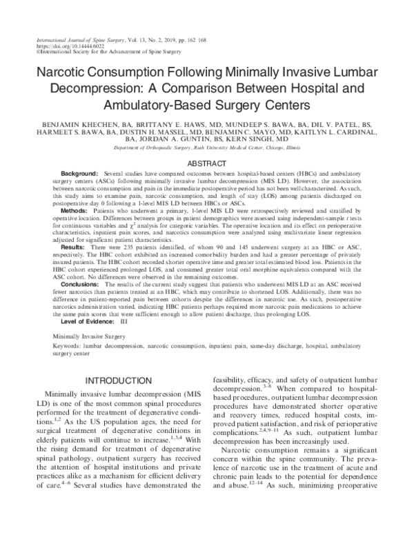 (PDF) Narcotic Consumption Following Minimally Invasive Lumbar ...