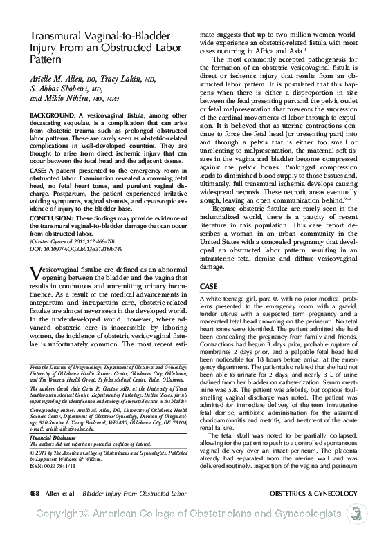 (PDF) Transmural Vaginal-to-Bladder Injury From an Obstructed Labor Pattern
