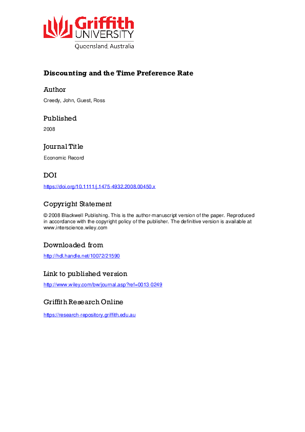 (PDF) Discounting and the Time Preference Rate