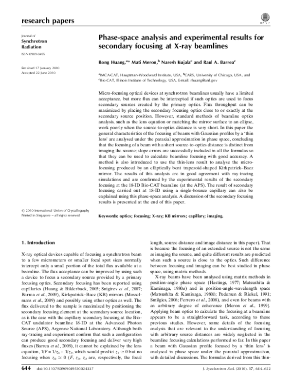 (PDF) Phase-space analysis and experimental results for secondary focusing at X-ray beamlines