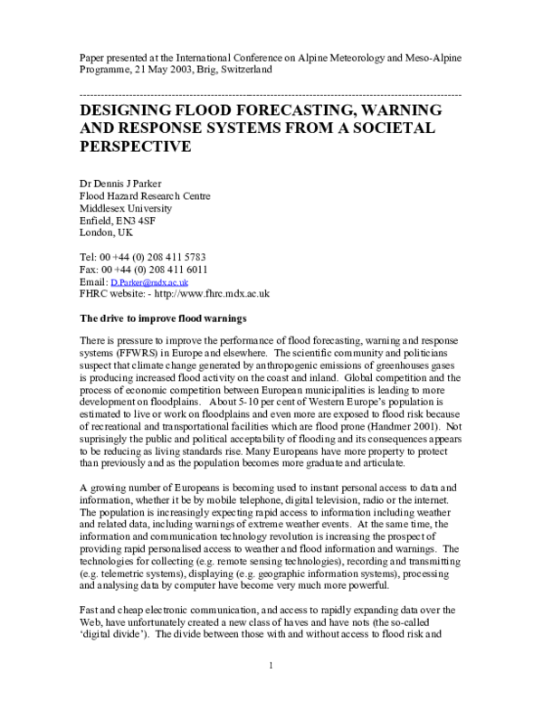 (PDF) Designing flood forecasting, warning and response systems from a societal perspective