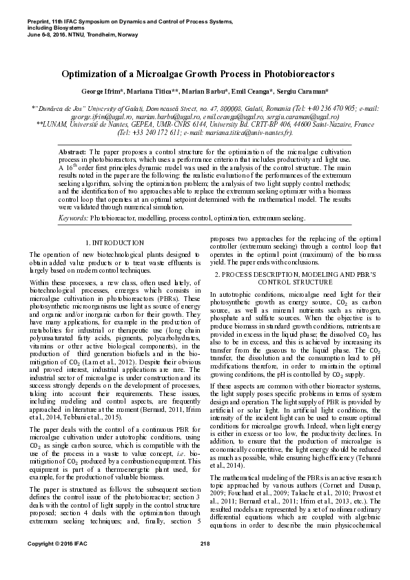 (PDF) Optimization of a Microalgae Growth Process in Photobioreactors