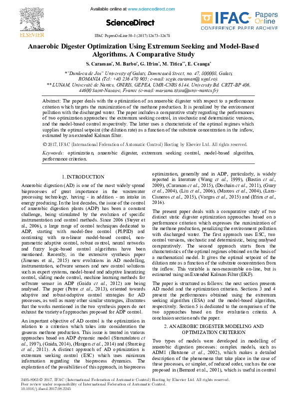 (PDF) Anaerobic Digester Optimization Using Extremum Seeking and Model-Based Algorithms. A ...