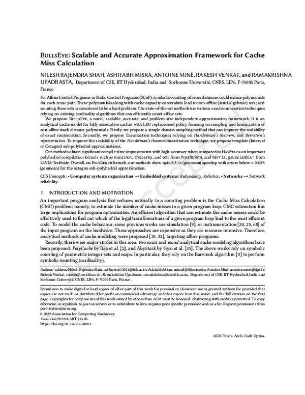 (PDF) BullsEye : Scalable and Accurate Approximation Framework for Cache Miss Calculation