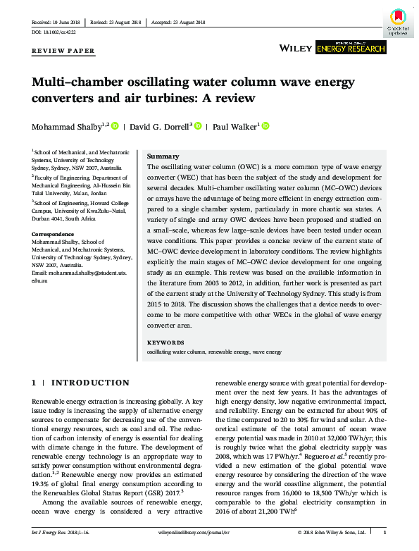 (PDF) Multi-chamber oscillating water column wave energy converters and air turbines: A review
