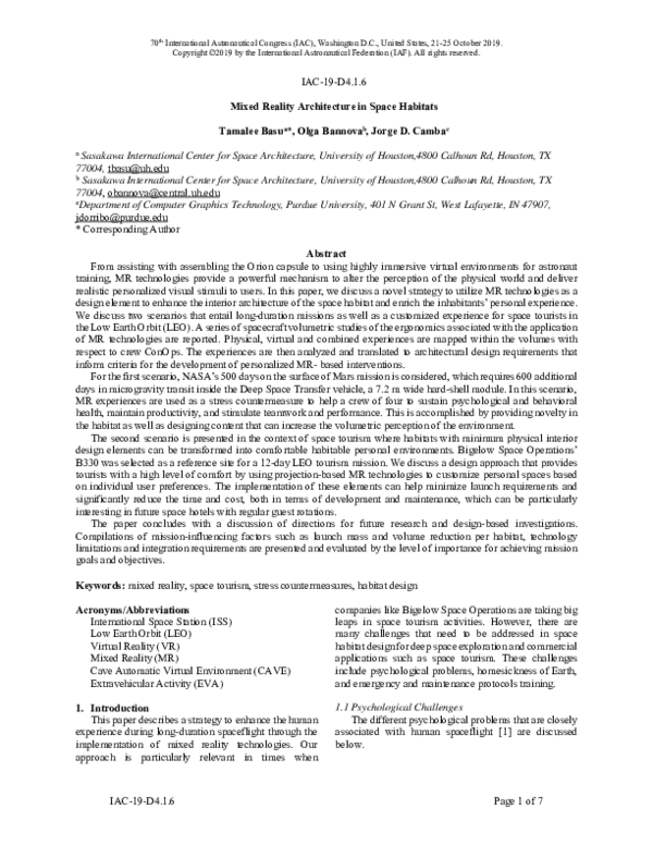 (PDF) Mixed reality architecture in space habitats