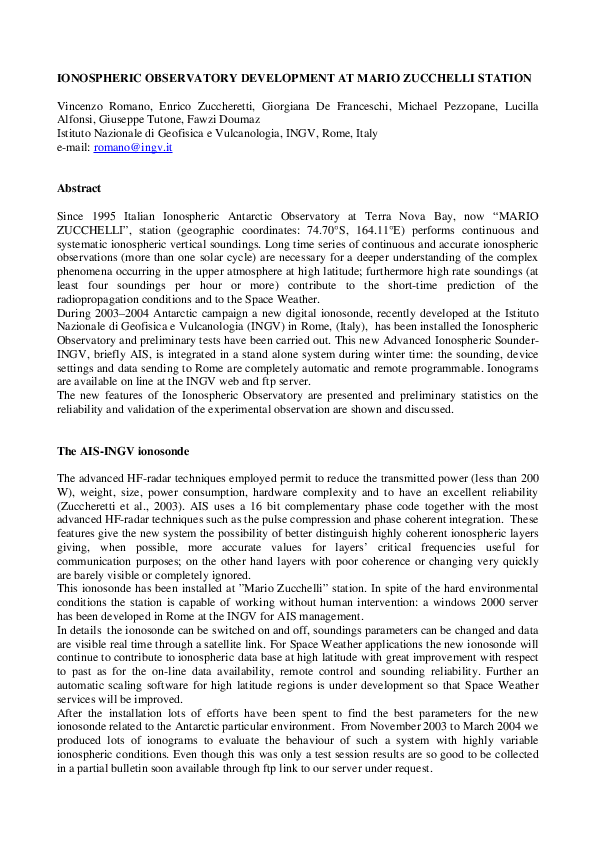 (PDF) Ionospheric observatory development at Mario Zucchelli station
