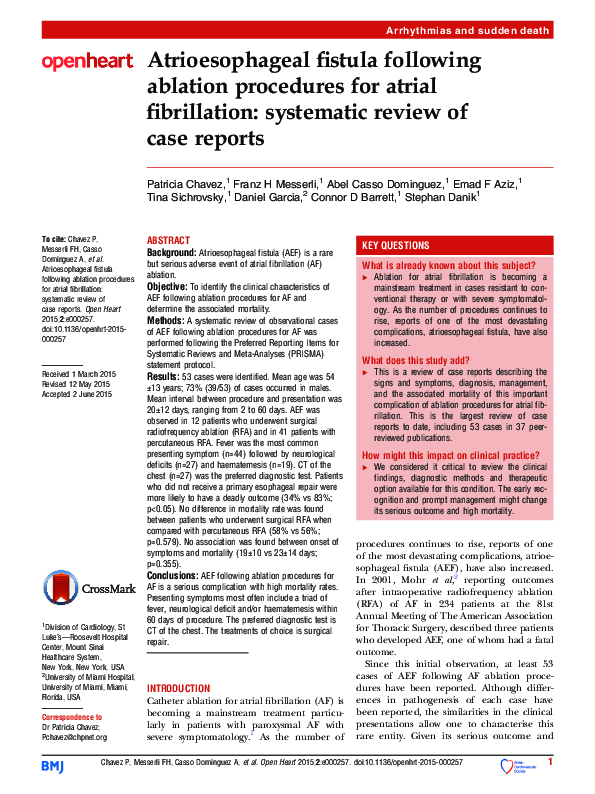 (PDF) Atrioesophageal fistula following ablation procedures for atrial fibrillation: systematic ...