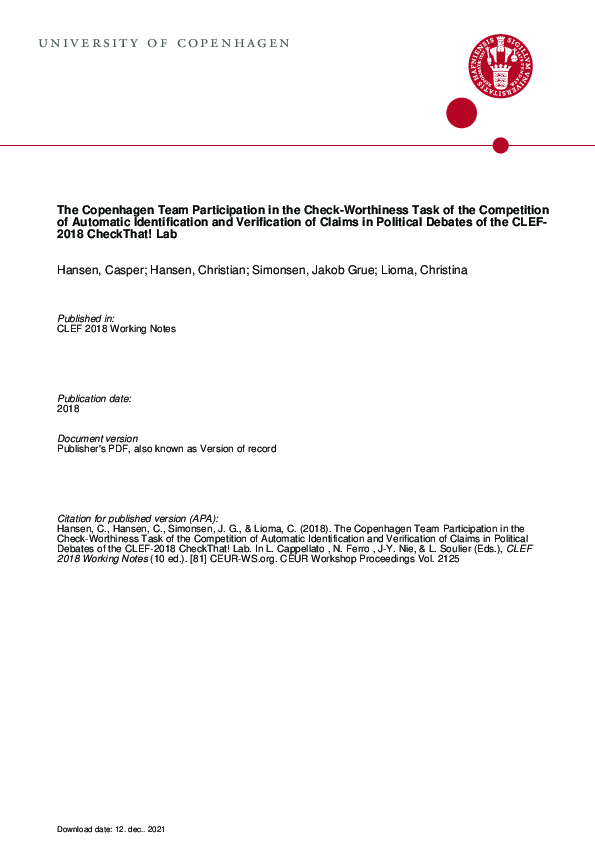 (PDF) The Copenhagen Team Participation in the Check-Worthiness Task of ...