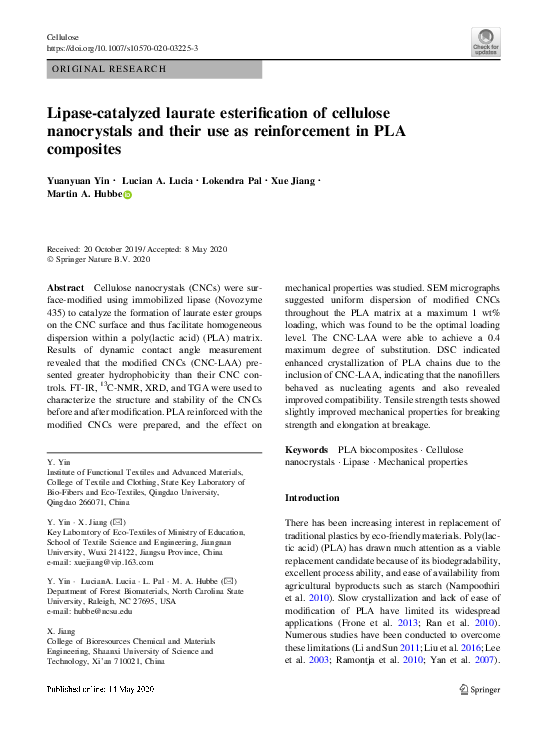 (PDF) Lipase-catalyzed laurate esterification of cellulose nanocrystals ...