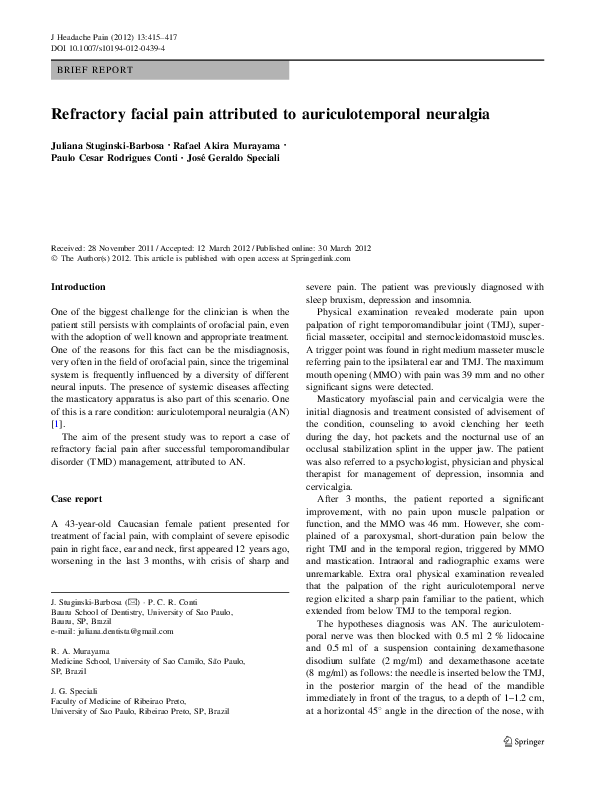 (PDF) Refractory facial pain attributed to auriculotemporal neuralgia