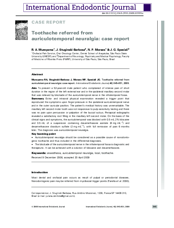(PDF) Toothache referred from auriculotemporal neuralgia: case report
