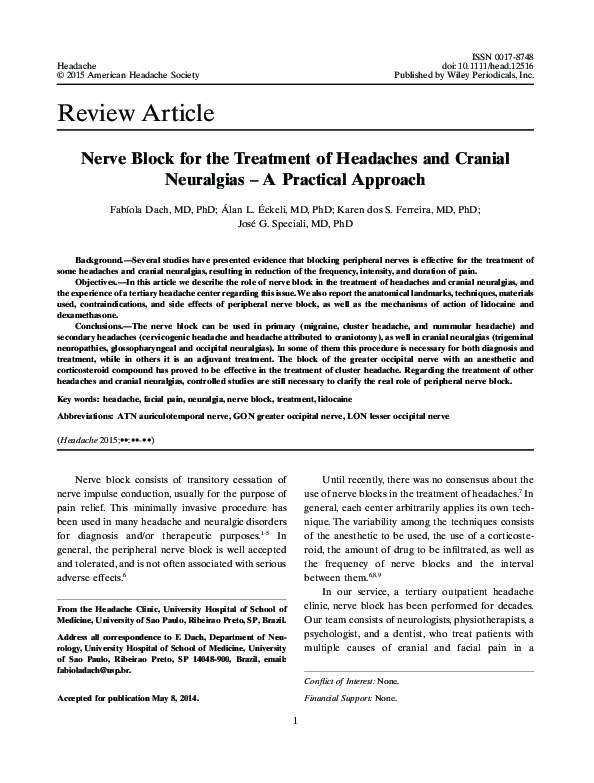 (PDF) Nerve Block for the Treatment of Headaches and Cranial Neuralgias ...