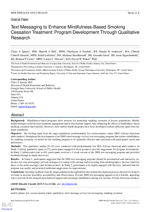 (PDF) Text Messaging to Enhance Mindfulness-Based Smoking Cessation Treatment: Program ...