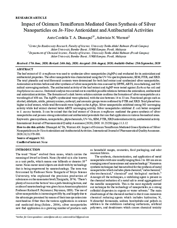 (PDF) Impact of Ocimum Tenuiflorum Mediated Green Synthesis of Silver ...