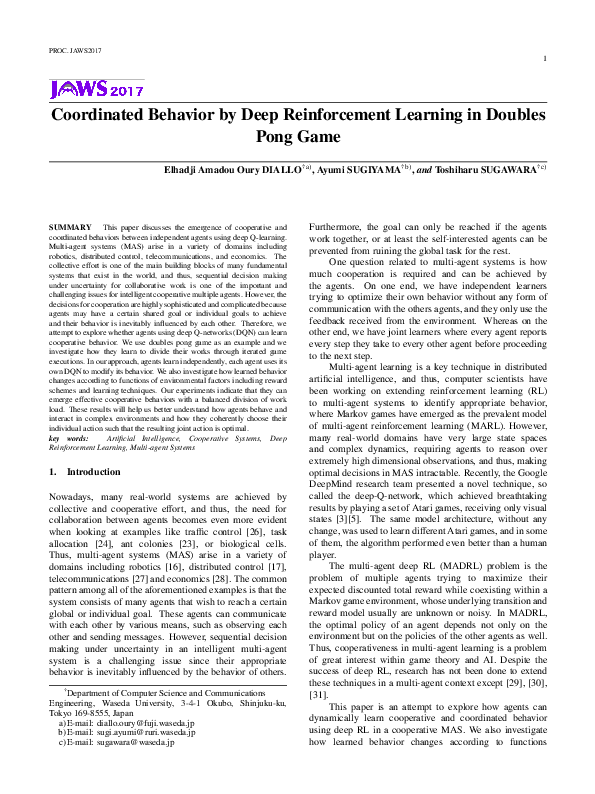 (PDF) Coordinated Behavior by Deep Reinforcement Learning in Doubles Pong Game | Toshiharu ...