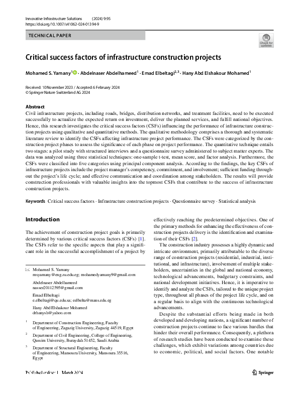 (PDF) Critical Success Factors of Infrastructure Construction Projects