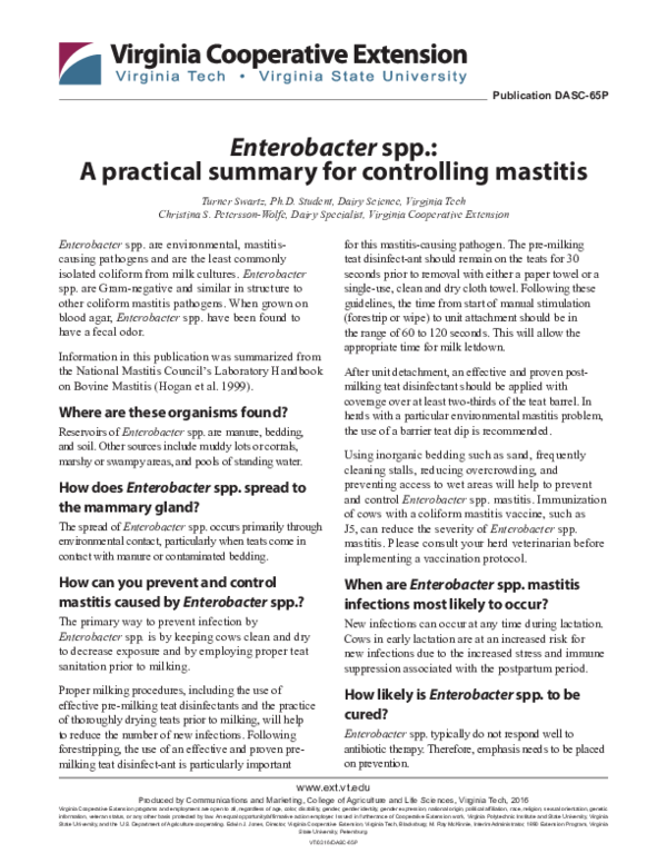(PDF) Enterobacter spp.: A Practical Summary for Controlling Mastitis