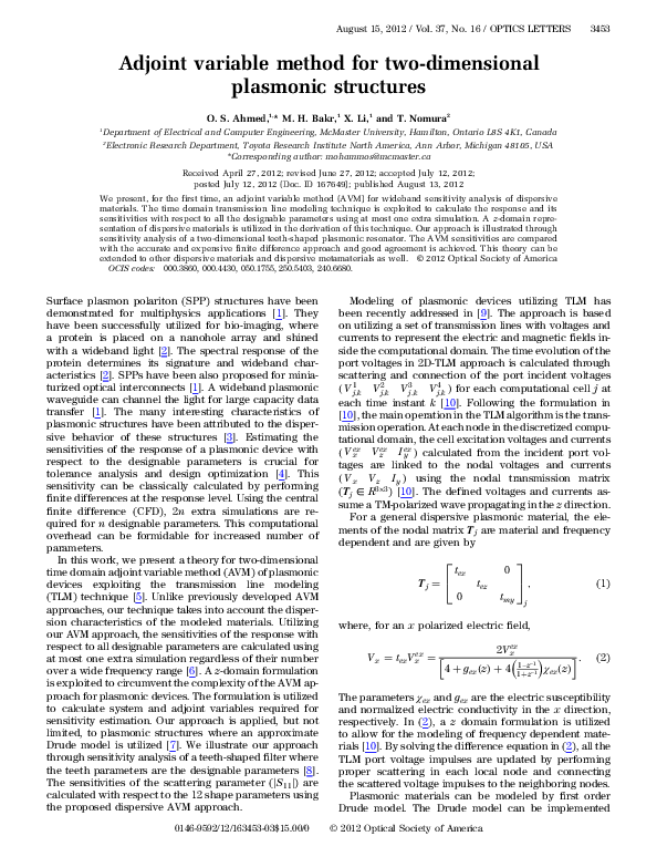 (PDF) Adjoint variable method for two-dimensional plasmonic structures