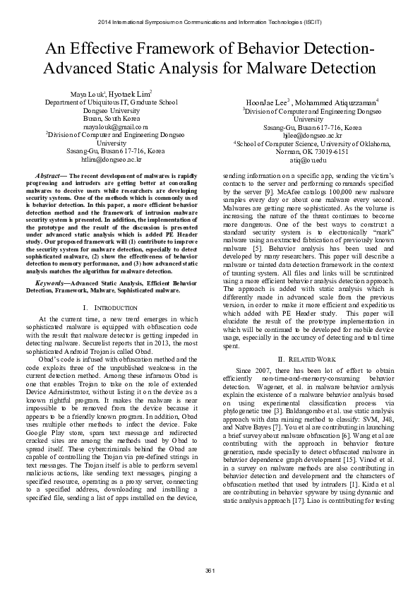 (PDF) An effective framework of behavior detection-advanced static analysis for malware detection